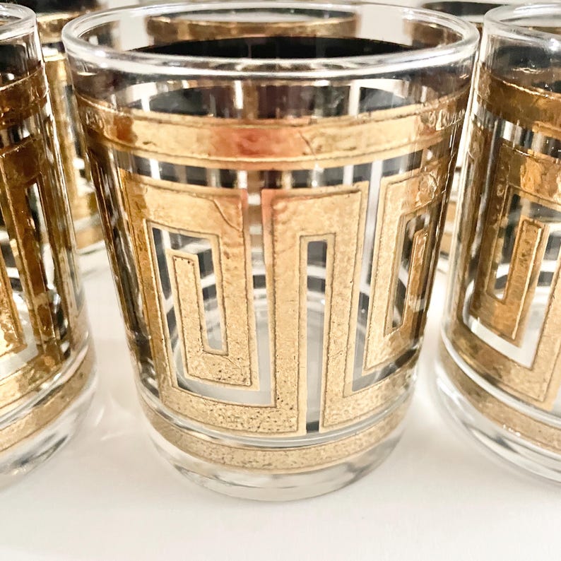 Vintage Culver Greek Key Gold & Black Double Old Fashioned Glasses Set ...