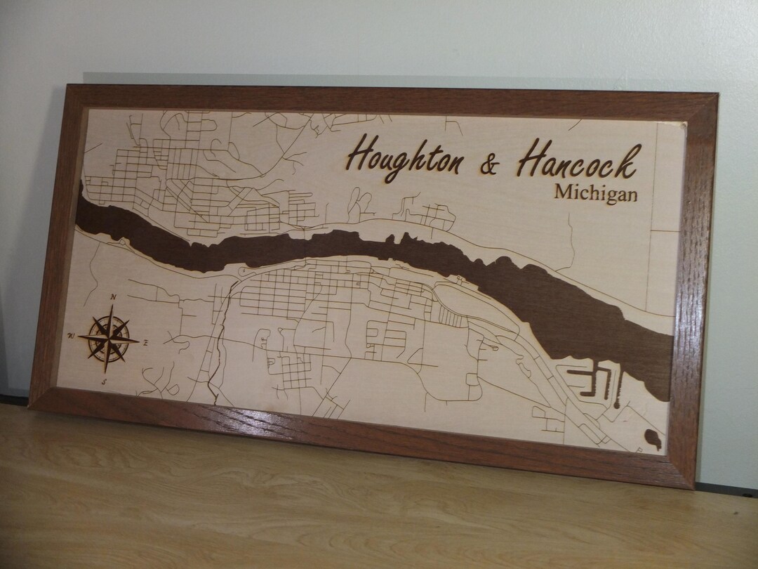 Houghton & Hancock, Michigan Wood Map | Handcrafted Laser-cut Wooden ...