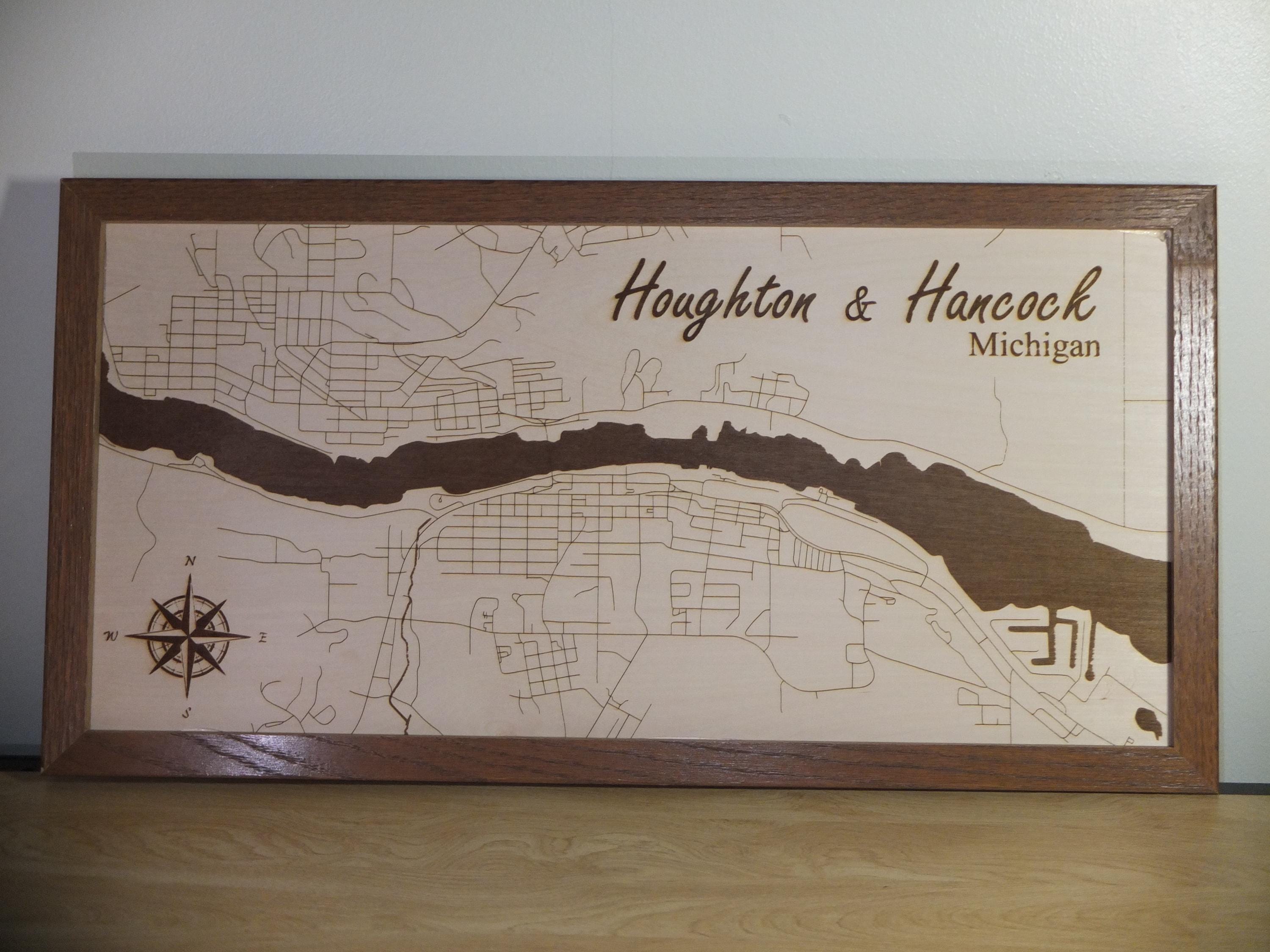 Houghton & Hancock, Michigan Wood Map | Handcrafted Laser-cut Wooden ...
