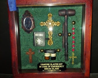 Vampire Slayer Kit, Shadow Box, Dracula Memorabilia, Crucifix, Rosary ...