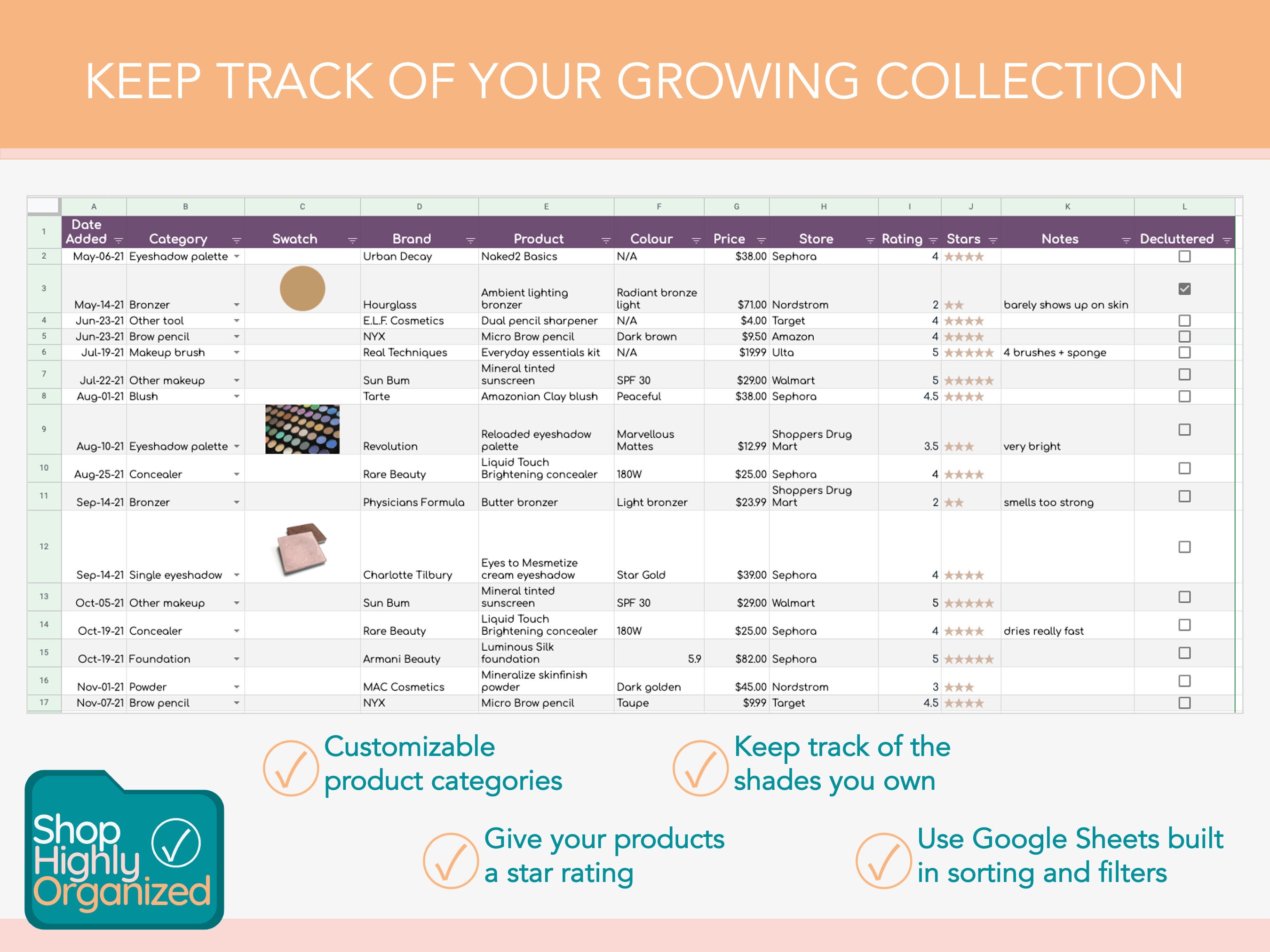 Ultimate Makeup Collection for Google Sheets | Shop Highly Organized ...