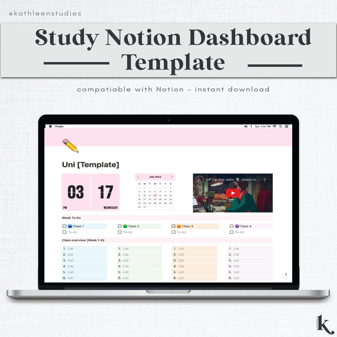 Study Dashboard Notion Template | University School Organiser| Notion ...