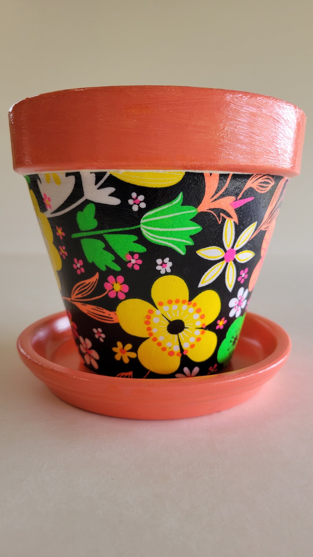 Handmade Decoupage Terra Cotta Flowerpot Coral With Neon Flower Motif ...