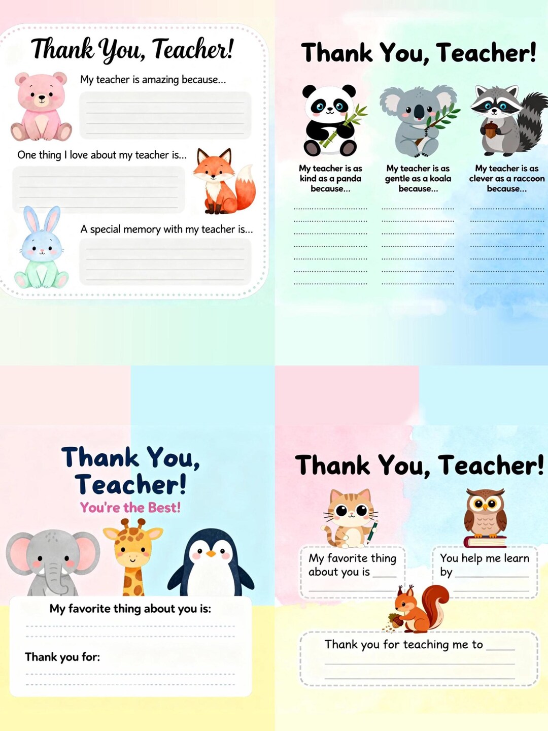 Teacher Appreciation Printable Bundle – Cute Animal Thank You Pages ...