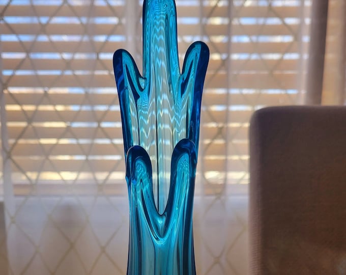 Blue Swung Vase / Mid Century 5 Finger Glass Vase / Vintage Glass Swung ...