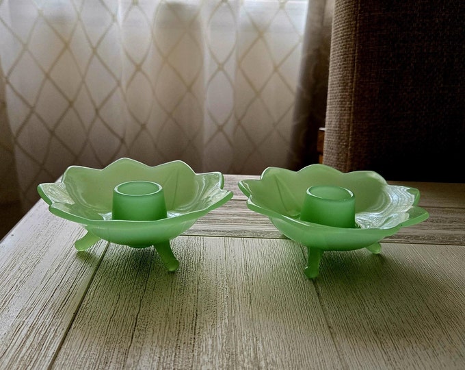 Vintage Fenton Jadeite Candleholders/ Footed Green Glass Candleholders ...