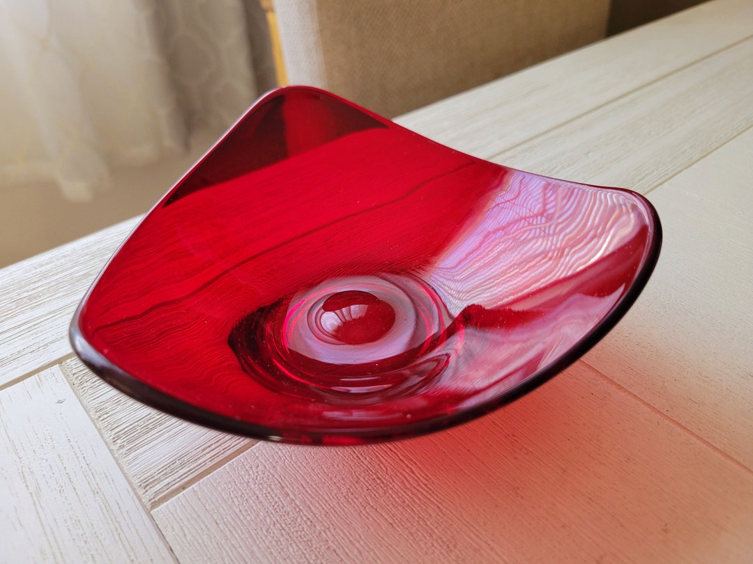 Viking Glass Triangle Bon Bon/ Mid Century Red Glass Bowl/ Vintage Red ...