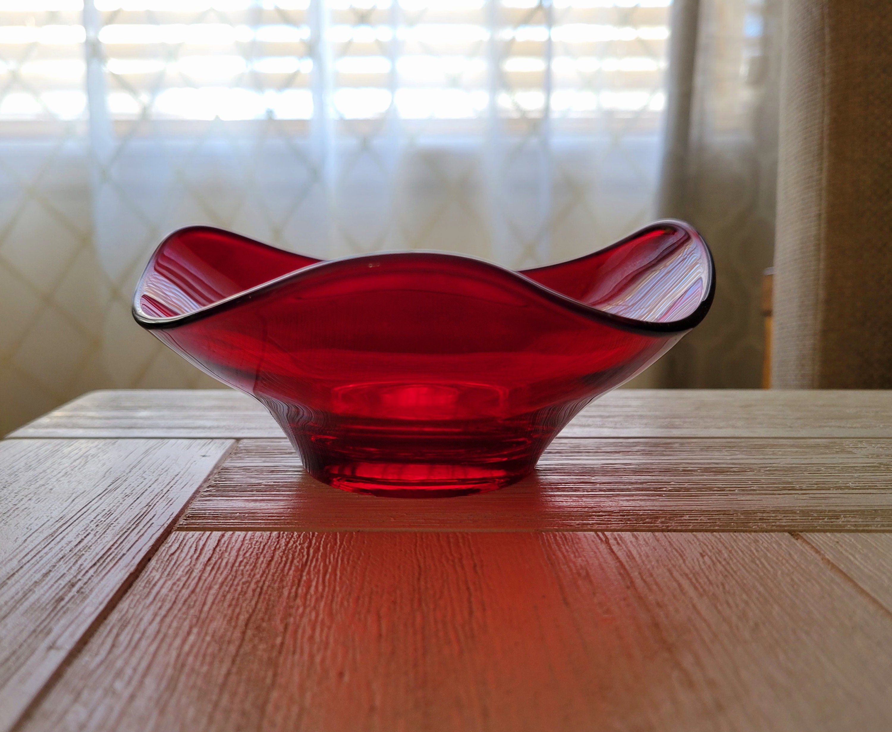 Vintage Red Viking Glass Triangle Bowl: Mid Century Bon Bon Trinket ...