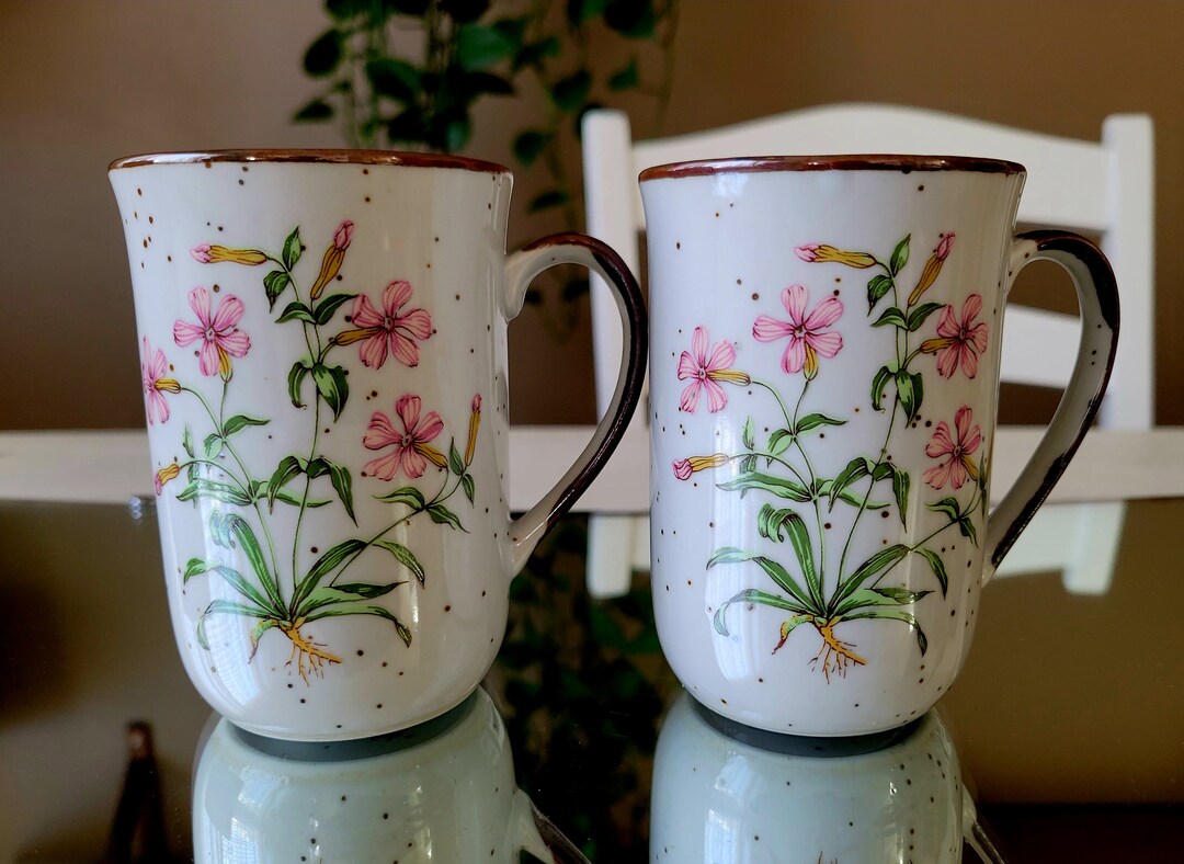 Vintage Wildflower Stoneware Mugs/ Floral Speckled Mugs/ Boho Coffee ...