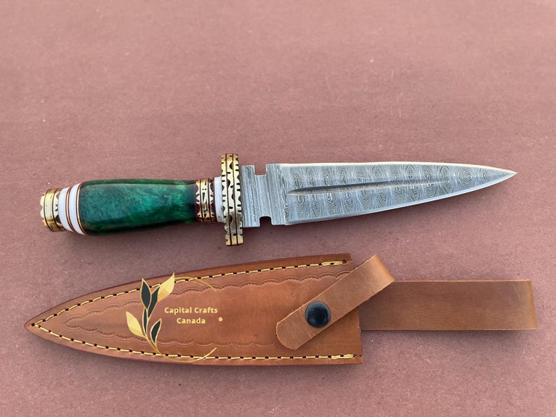 13'' Hand Forged Damascus Steel Dagger Hunting Knife: Gold Green Resin ...