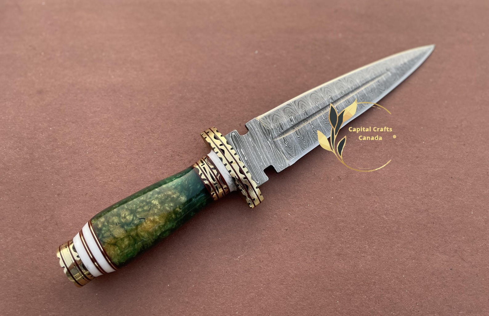 13'' Hand Forged Damascus Steel Dagger Hunting Knife: Gold Green Resin ...