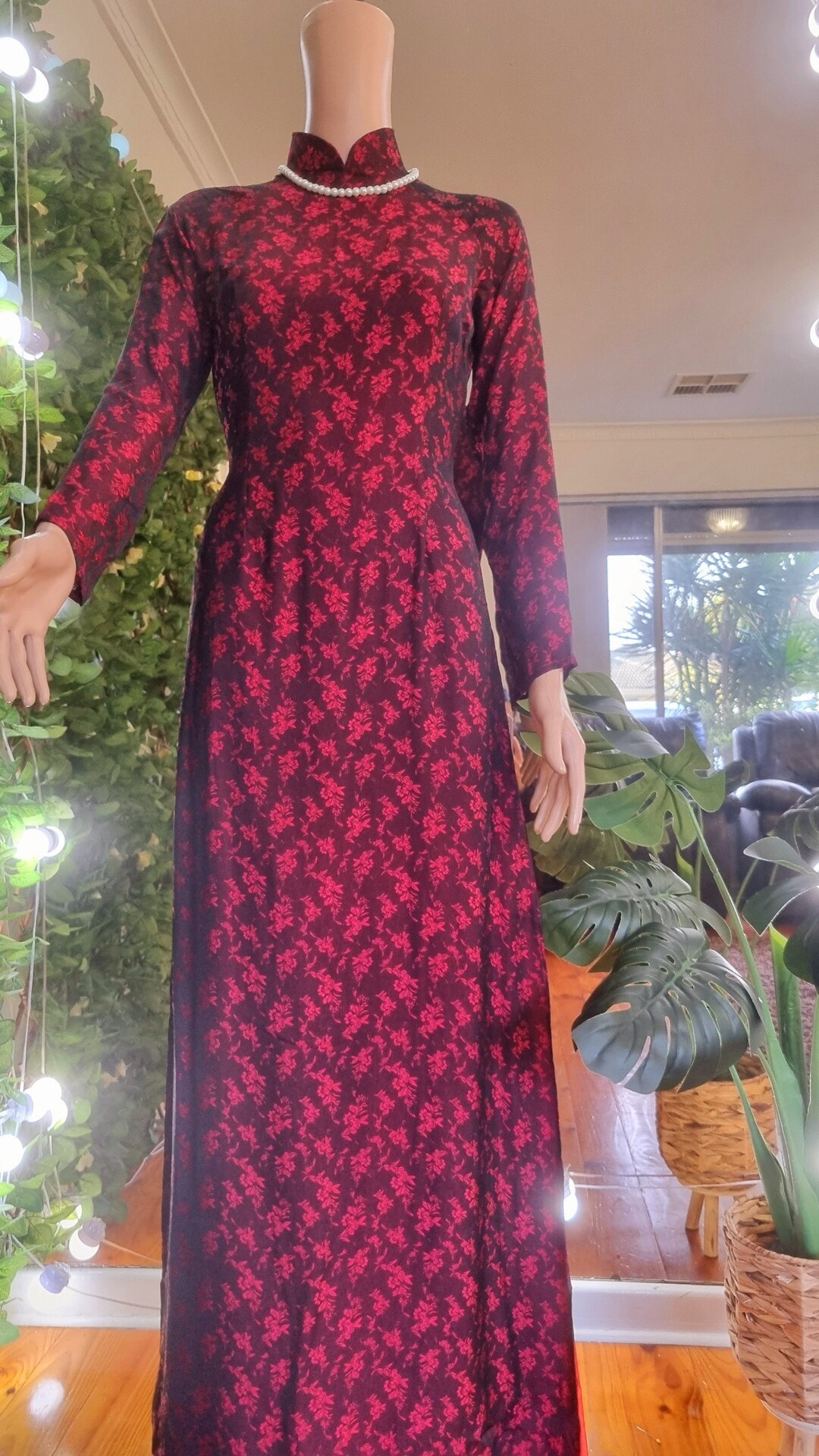 Dual Tone Red Black Brocade Thai Tuan Silk Ao Dai, Traditional ...