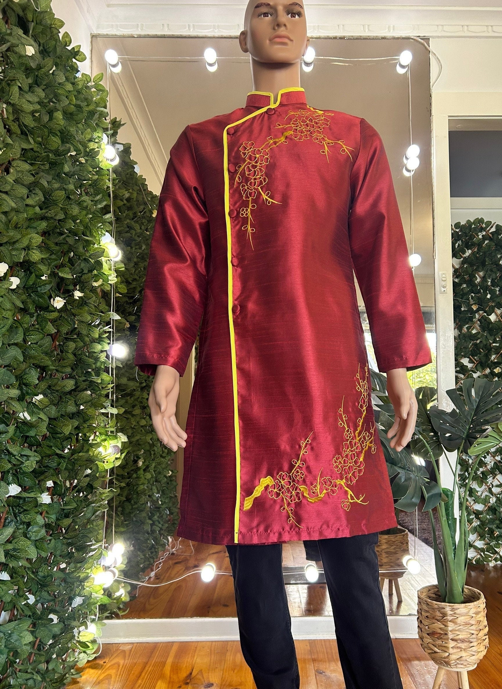 Men's red and blue Embroidered ao dai Red Vietnamese Traditional Long Dress for Men, Ao Dai Chu ...