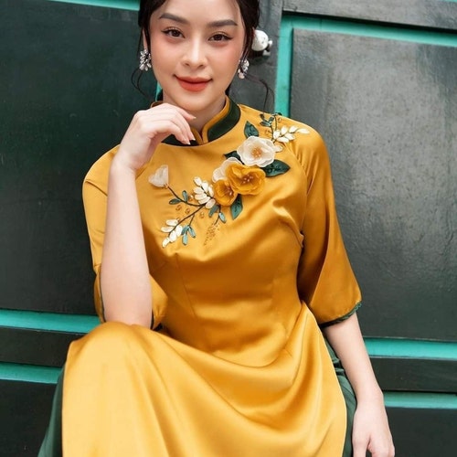 Pink Vietnamese Traditional Ao Dai Long Dress With 3D Flower - Etsy