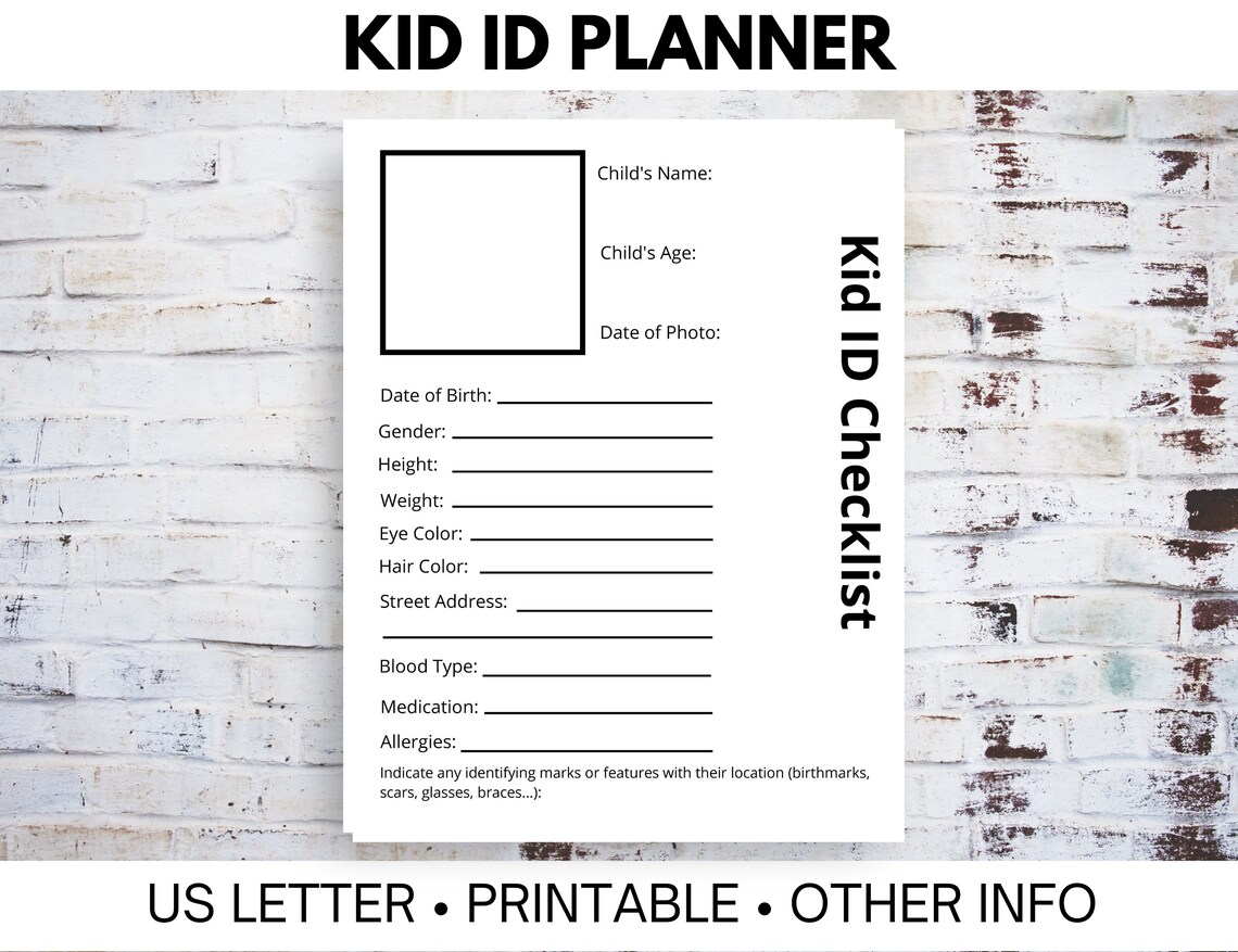 Children ID Checklist, Children ID Planner, Kid Safety Sheet, Back to ...