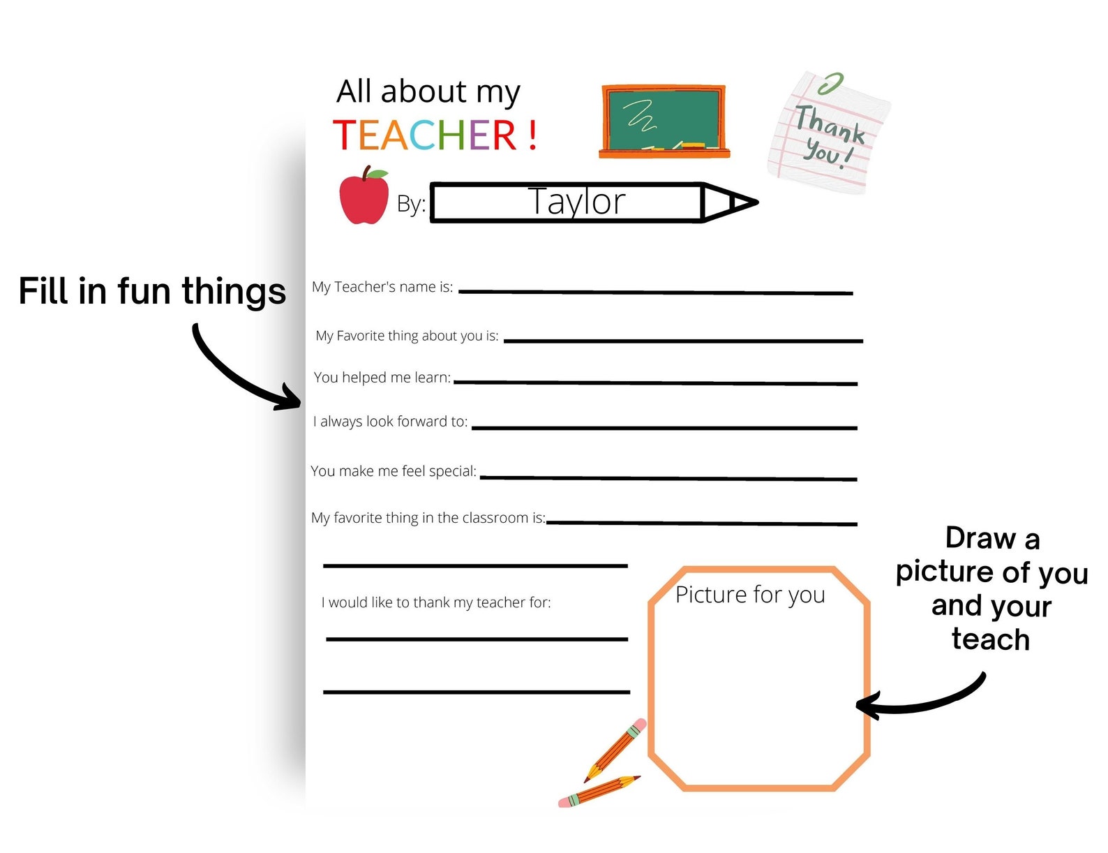 All About My Teacher Questionnaire, Teacher Appreciation, Teacher Thank ...