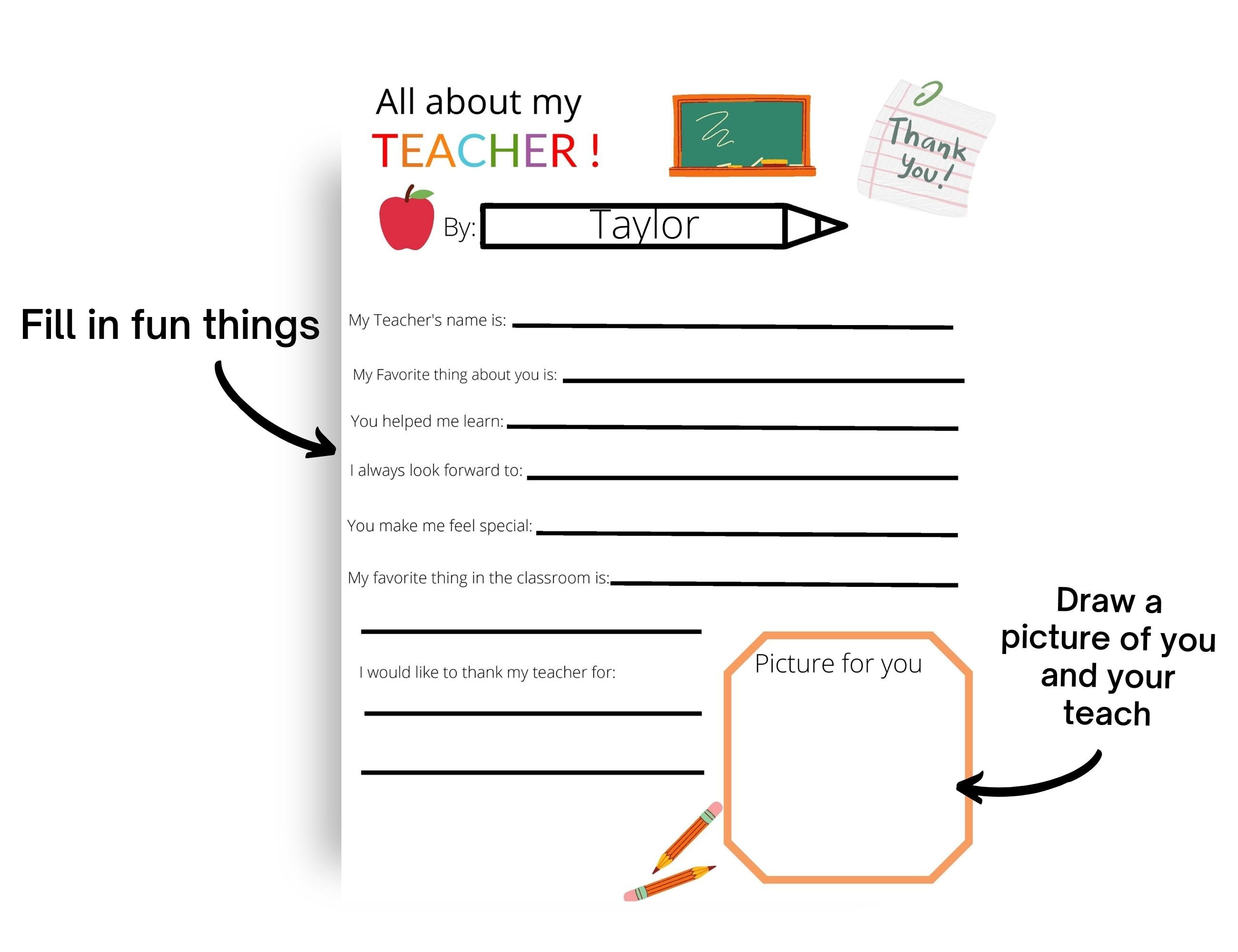 All About My Teacher Questionnaire, Teacher Appreciation, Teacher Thank ...