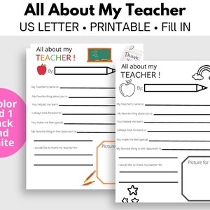 All About My Teacher Questionnaire, Teacher Appreciation, Teacher Thank ...