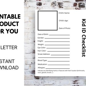 Children ID Checklist, Children ID Planner, Kid Safety Sheet, Back to ...