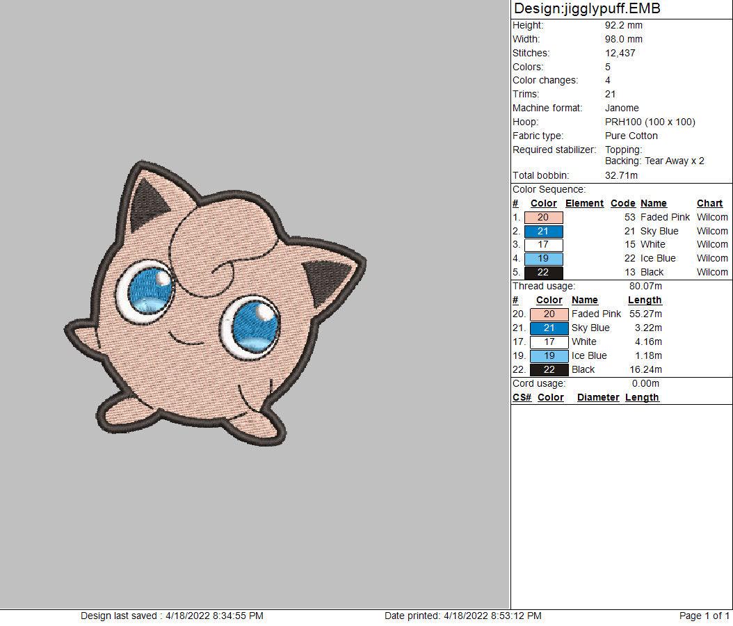 Jigglypuff Pokemon Embroidery Design — Cute Pink Kawaii Machine ...