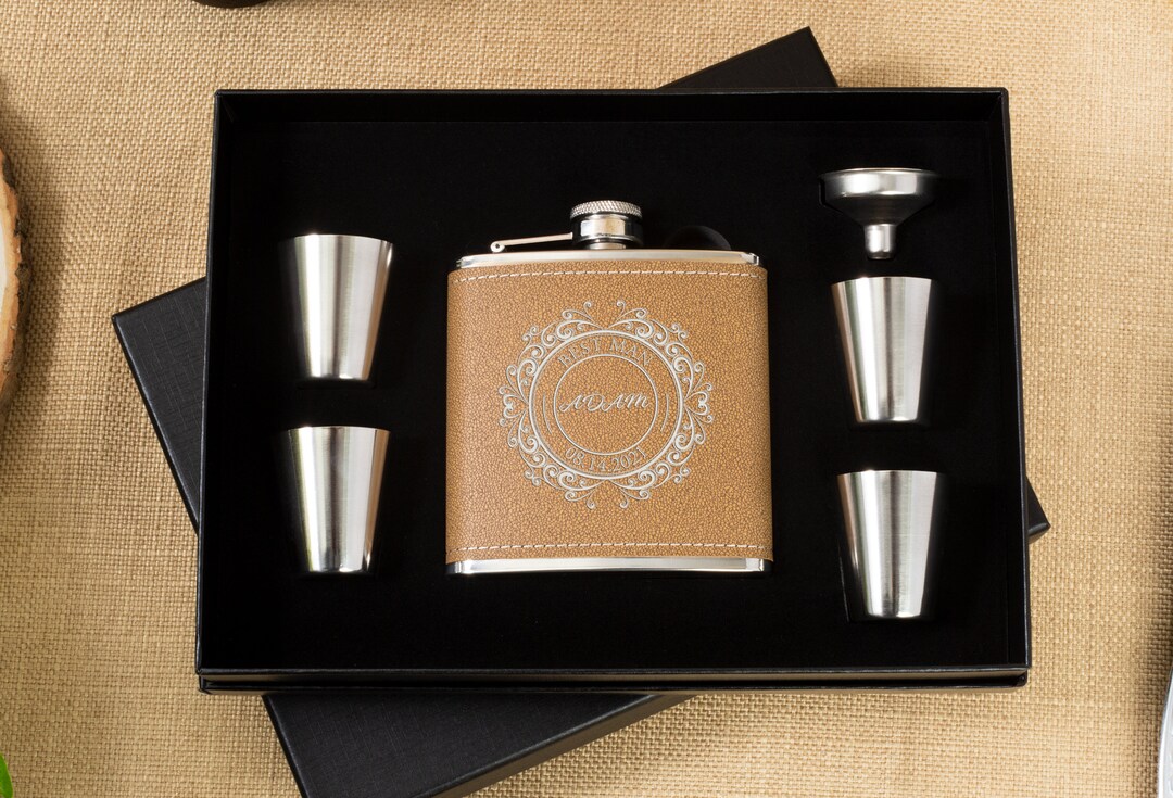 Custom Engraved Leather Flask Set, Groomsmen Flask Set, Engraved Flask ...