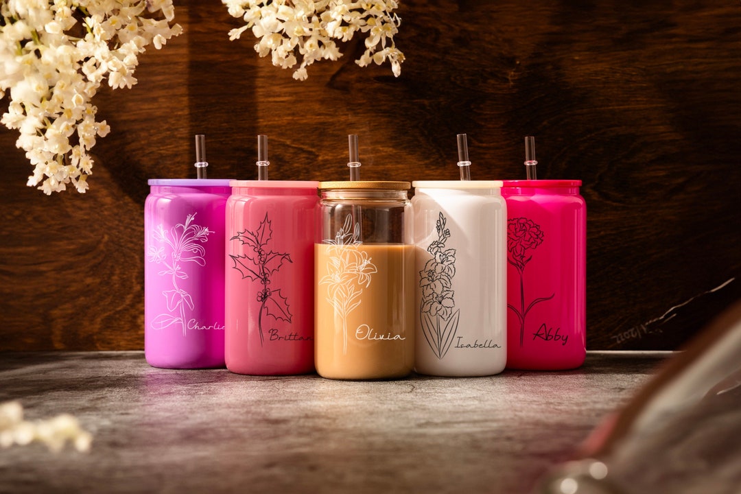 Birth Flower Name Glass Cup, Personalized Iced Coffee Cup, Gift for Her ...