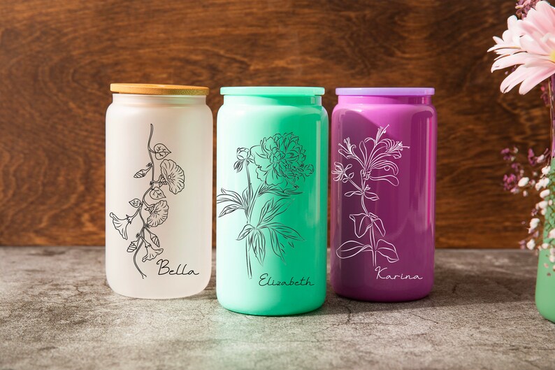 Birth Flower Name Glass Cup, Personalized Iced Coffee Cup, Gift for Her ...
