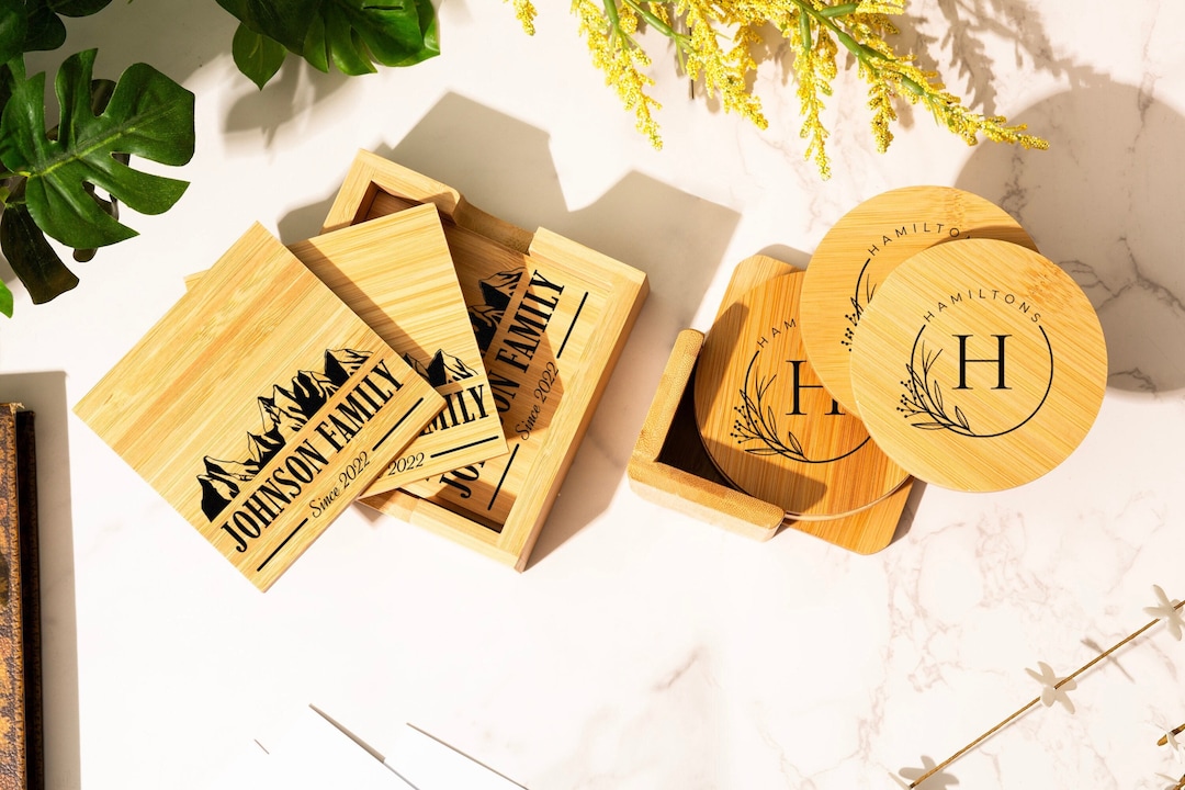 Custom Wood Coaster Set, Coaster Set With Holder, Personalized Coaster ...