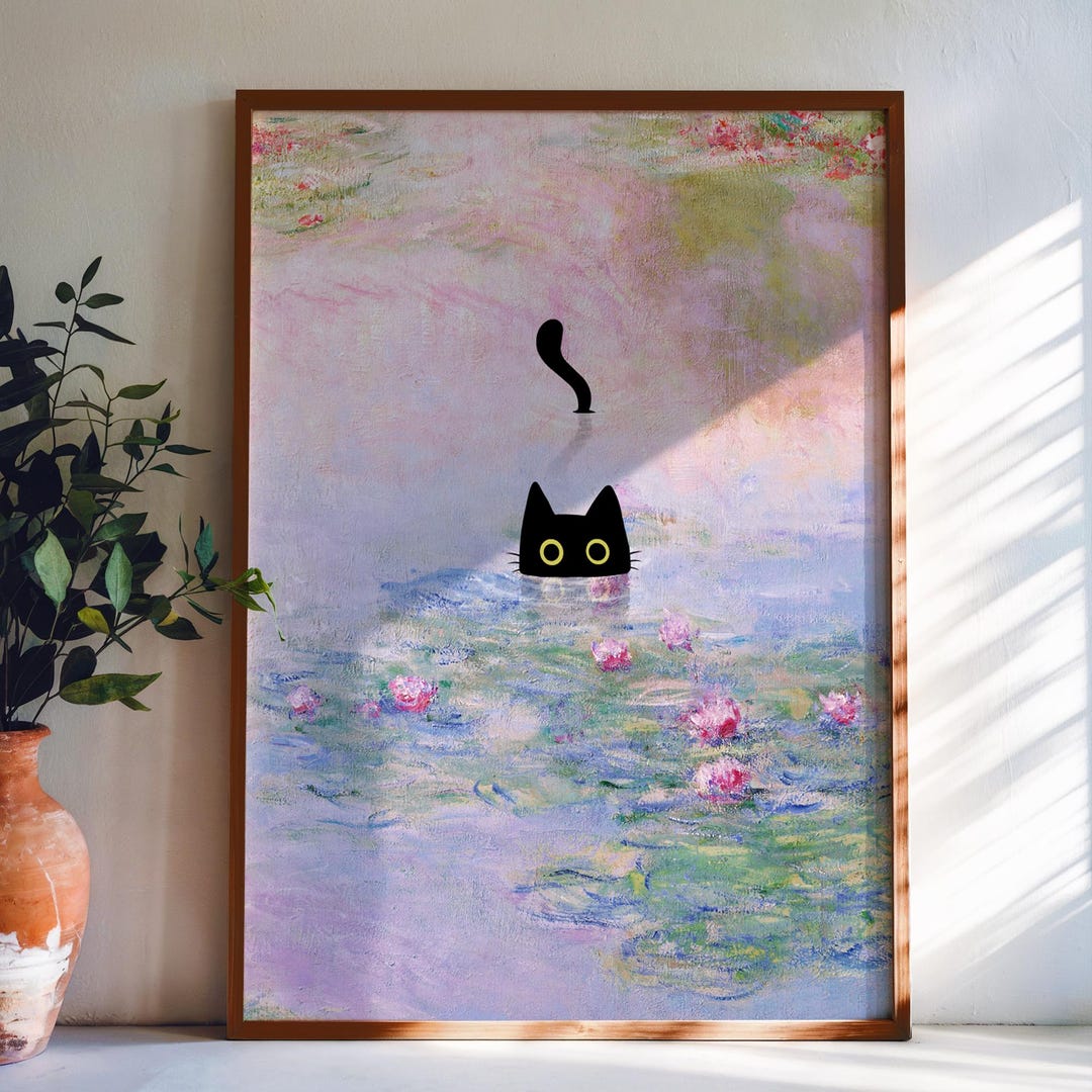 Monet Waterlily Cat Print, Claude Monet Cat Art, Black Cat Art, Floral ...