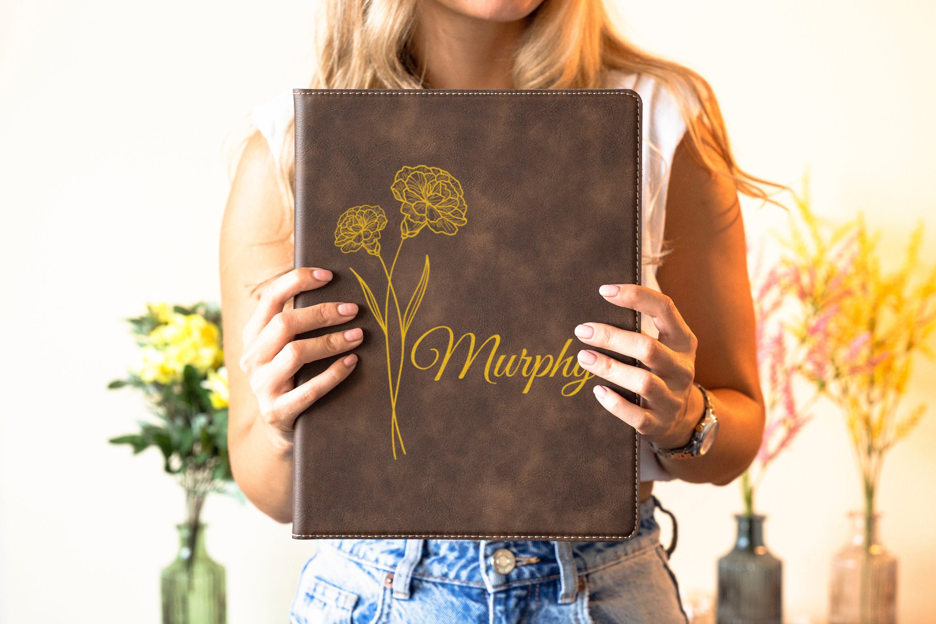 Custom Birth Month Flower Gift, Personalized Leather Padfolio, Birthday ...