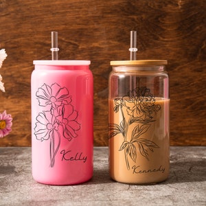 Birth Flower Name Glass Cup, Personalized Iced Coffee Cup, Gift for Her ...