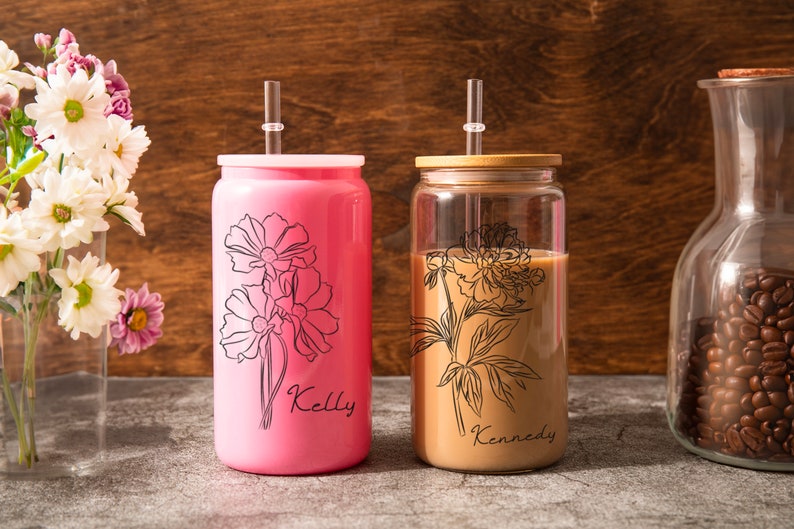 Birth Flower Name Glass Cup, Personalized Iced Coffee Cup, Gift for Her ...