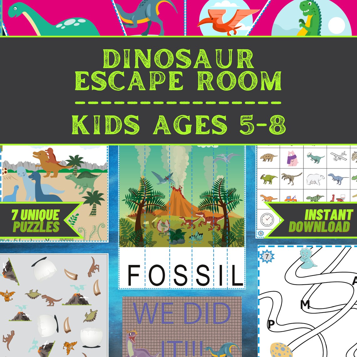 Kids Escape Room Game Printable Kit Dinosaur Escape DIY Party Game for ...