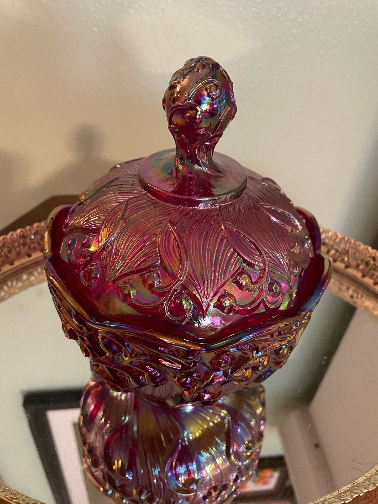 Vintage Fenton Lily of the Valley Candy Dish Ruby Carnival Glass - Etsy