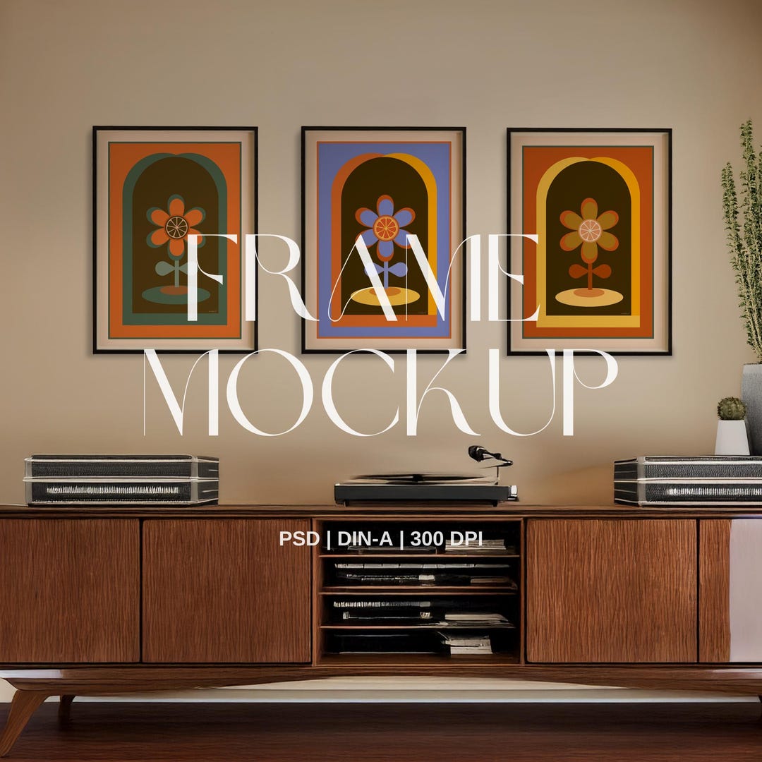 Retro Trio 3 Frame Mockup PSD – Vintage Record Player Art Print Mockup ...