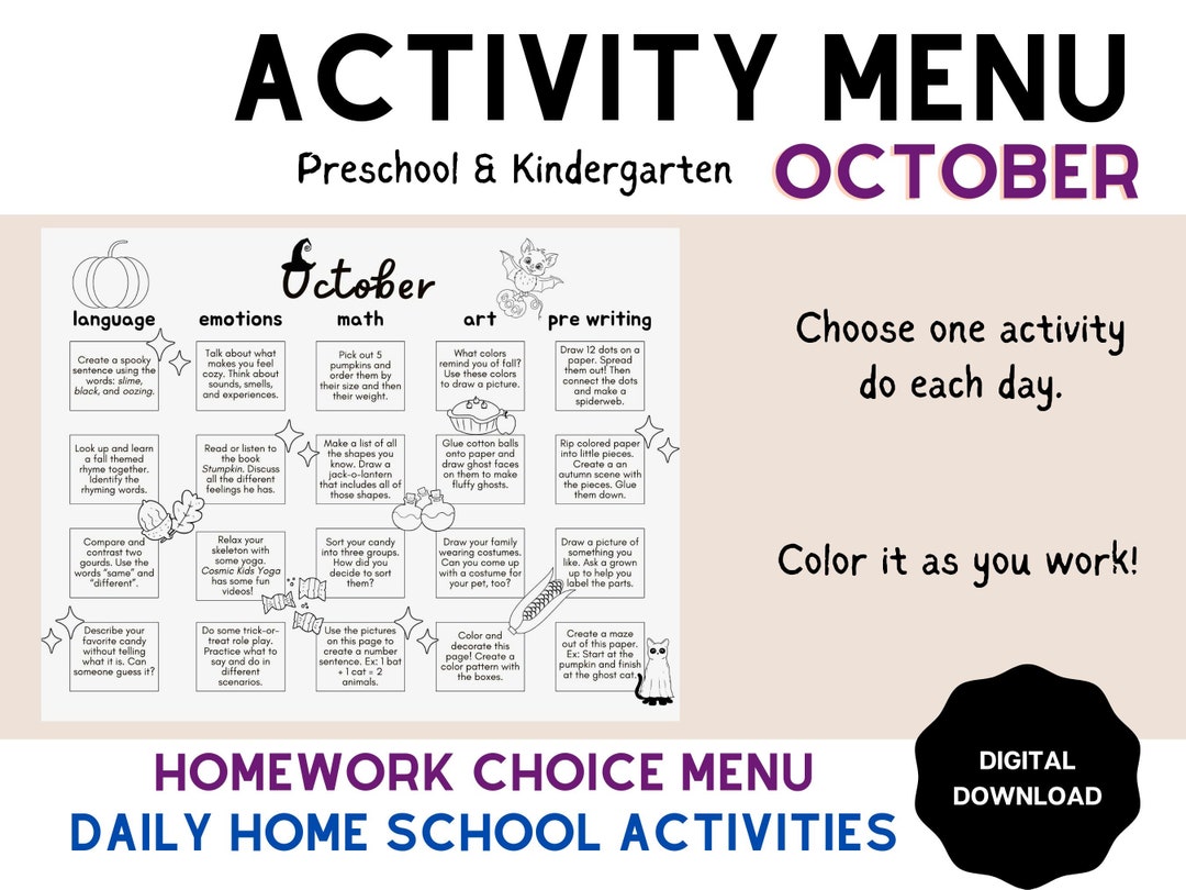 Activity Choice Menu for Preschool or Kindergarten: Homework or ...