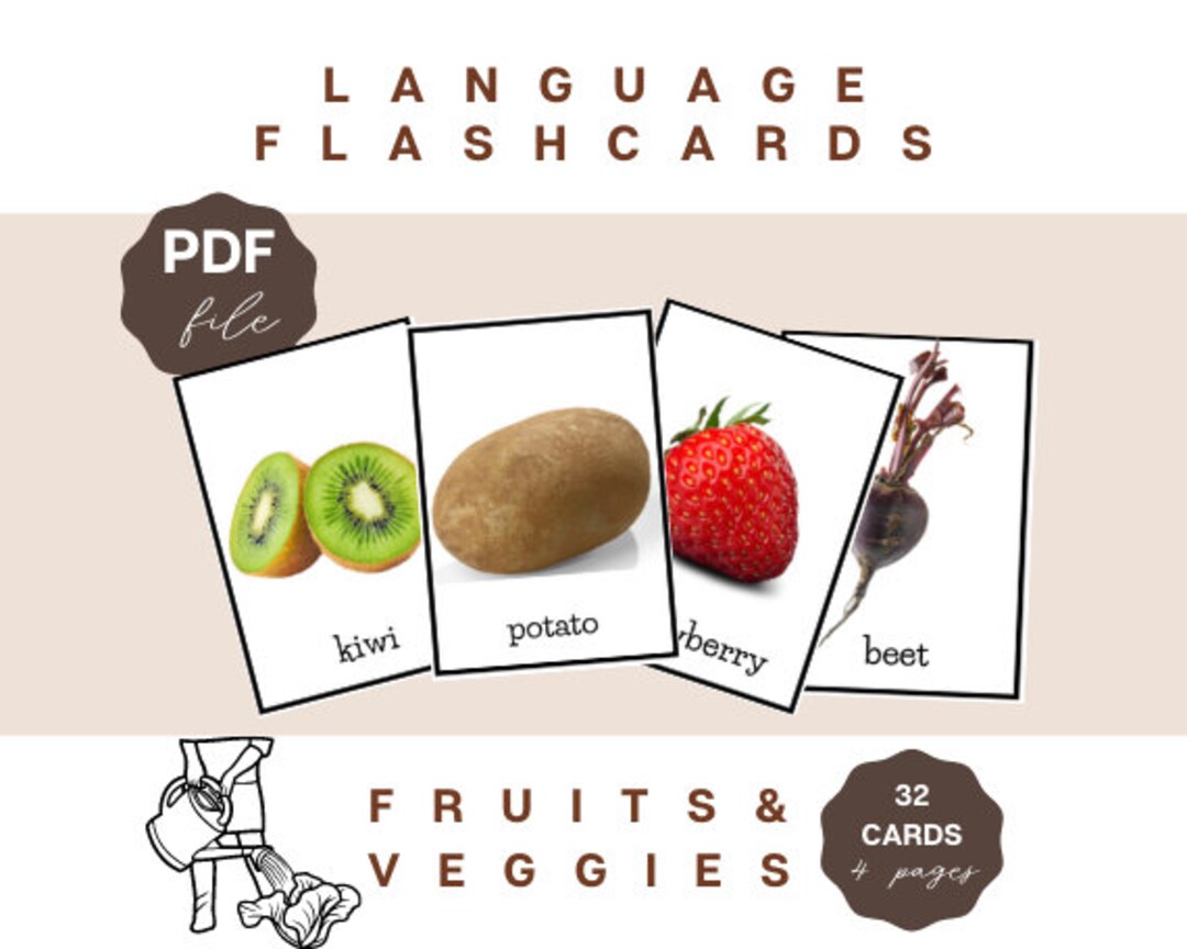 Montessori Language Flash Cards: Fruits and Vegetables for Toddlers and ...