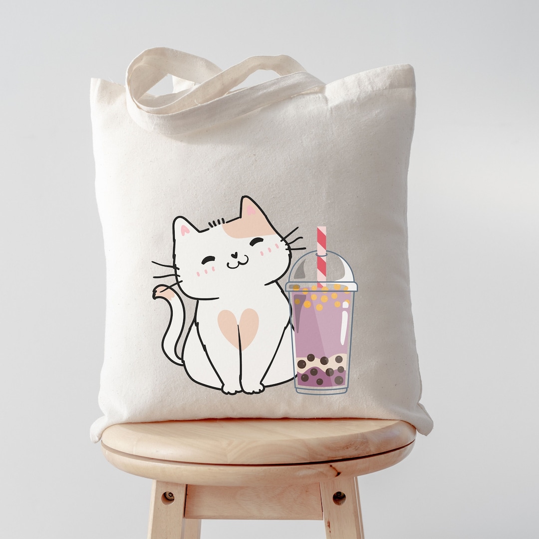 Dreamy Cat Bubble Tea Tote, Boba Kitty Eco Bag, Boba Tea Cat Bag, Cute ...