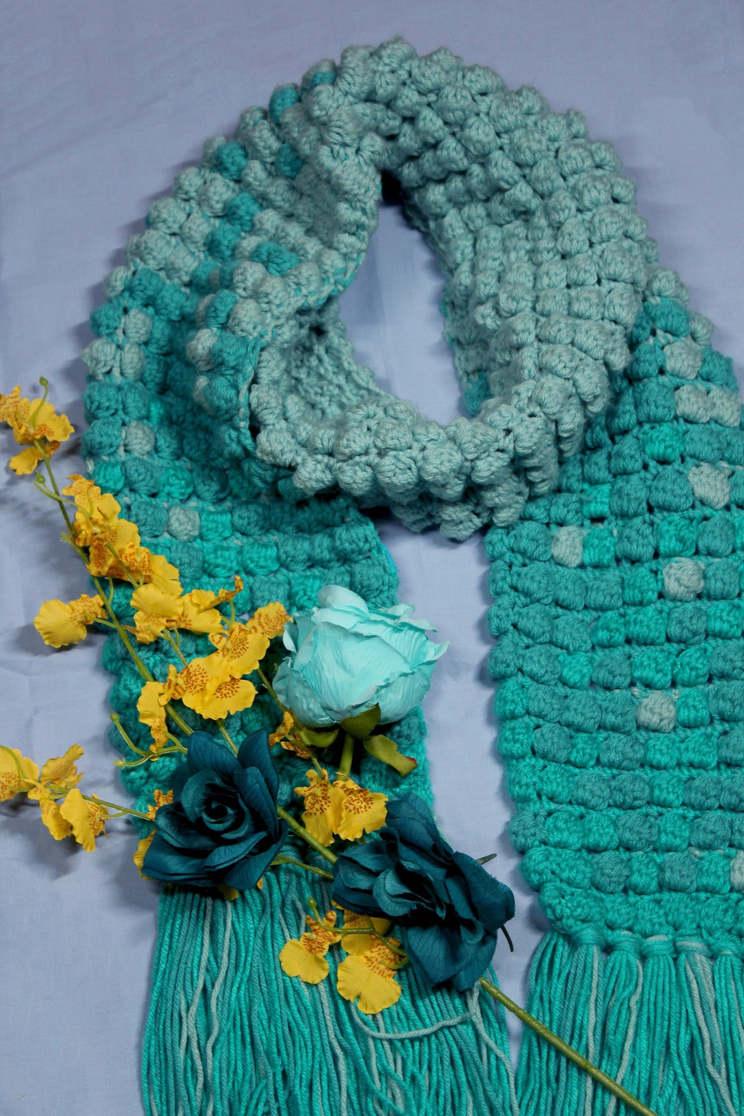 Handmade Icy Blue Bobble Stitch Pixel Scarf - Etsy