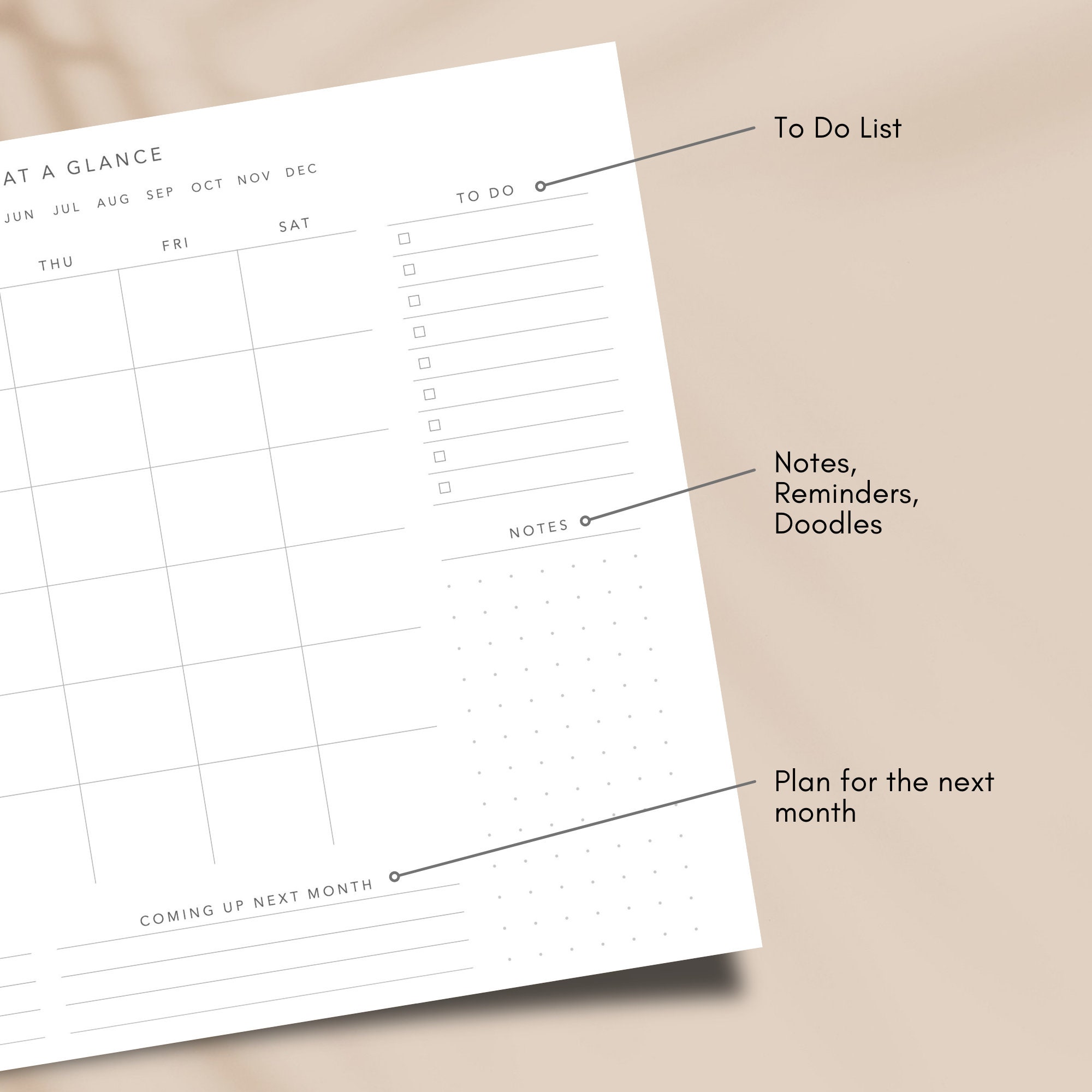 Month at A Glance With to Do List, Undated Monthly Calendar, Minimalist ...