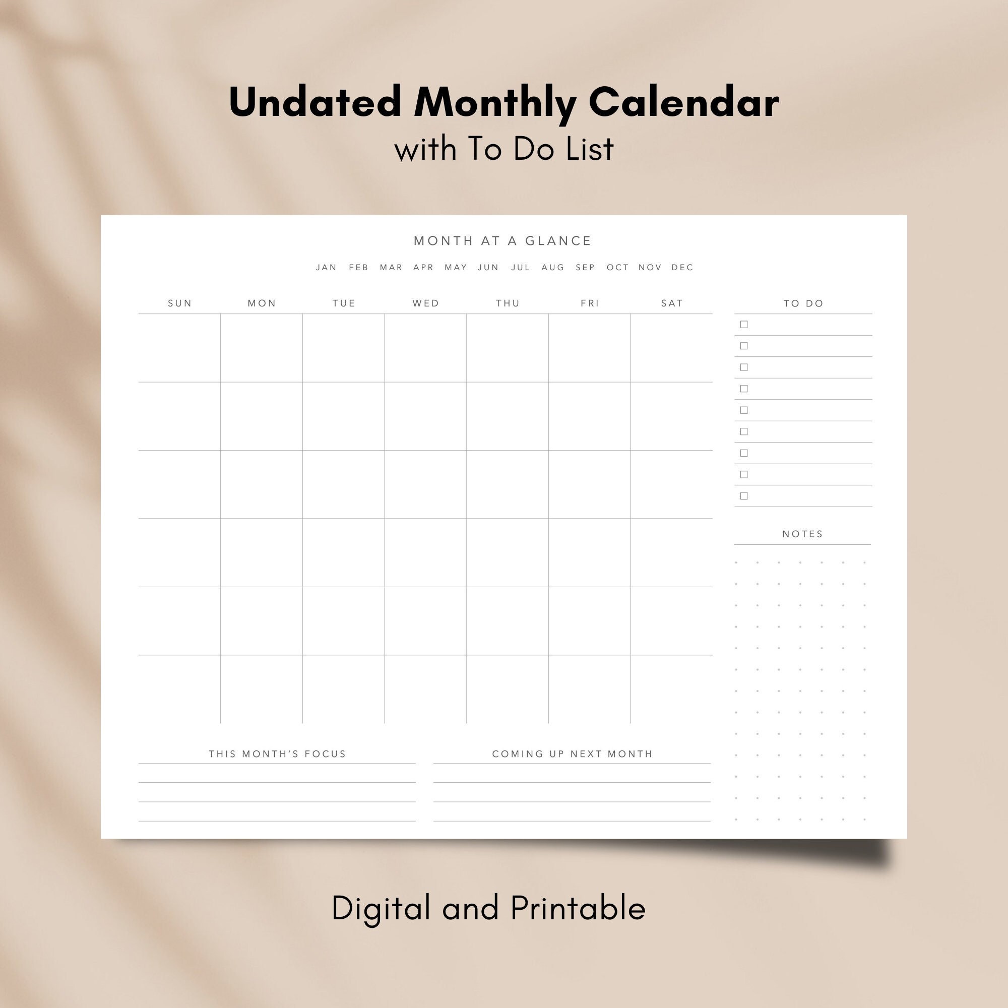 Month at A Glance With to Do List, Undated Monthly Calendar, Minimalist ...