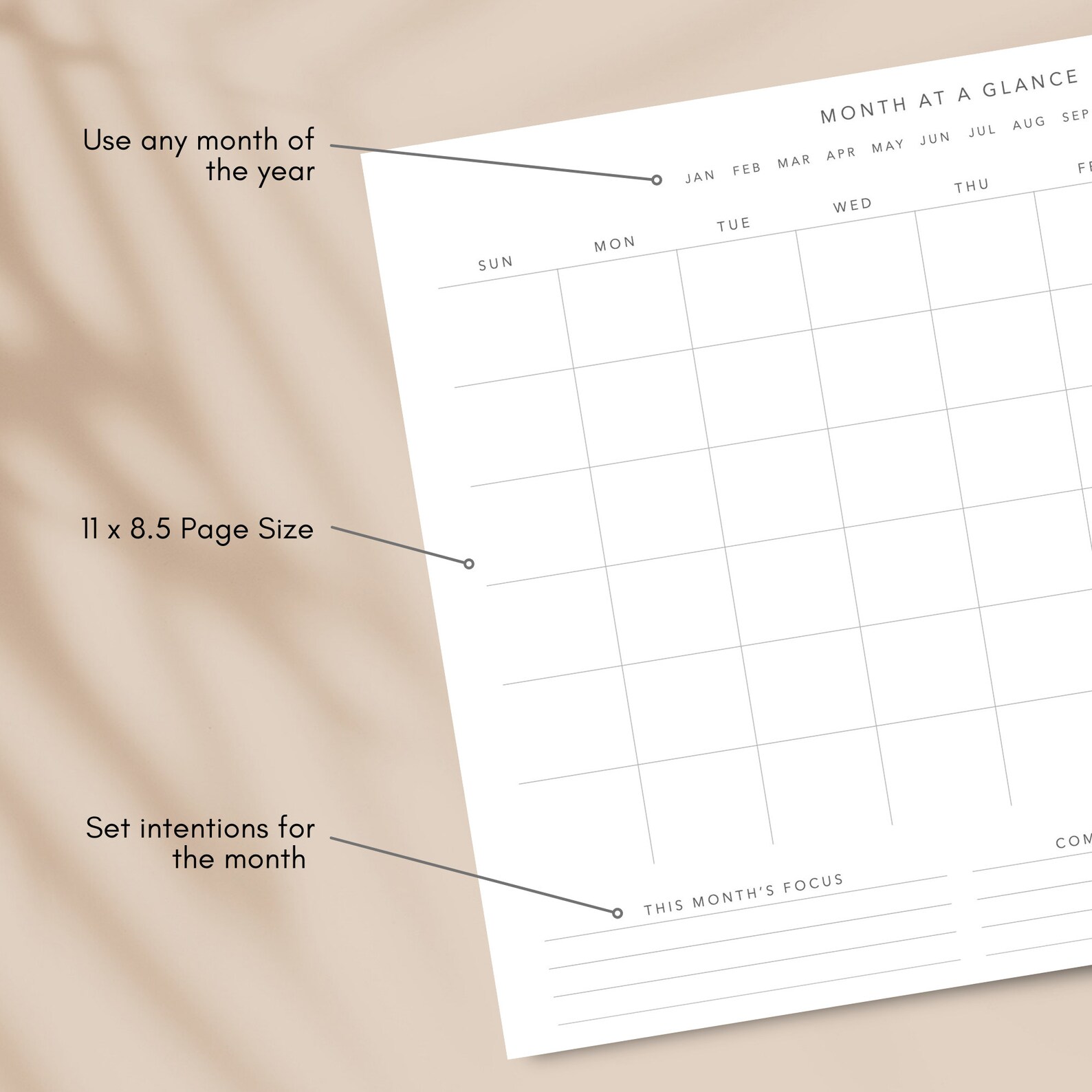 Month at A Glance With to Do List, Undated Monthly Calendar, Minimalist ...