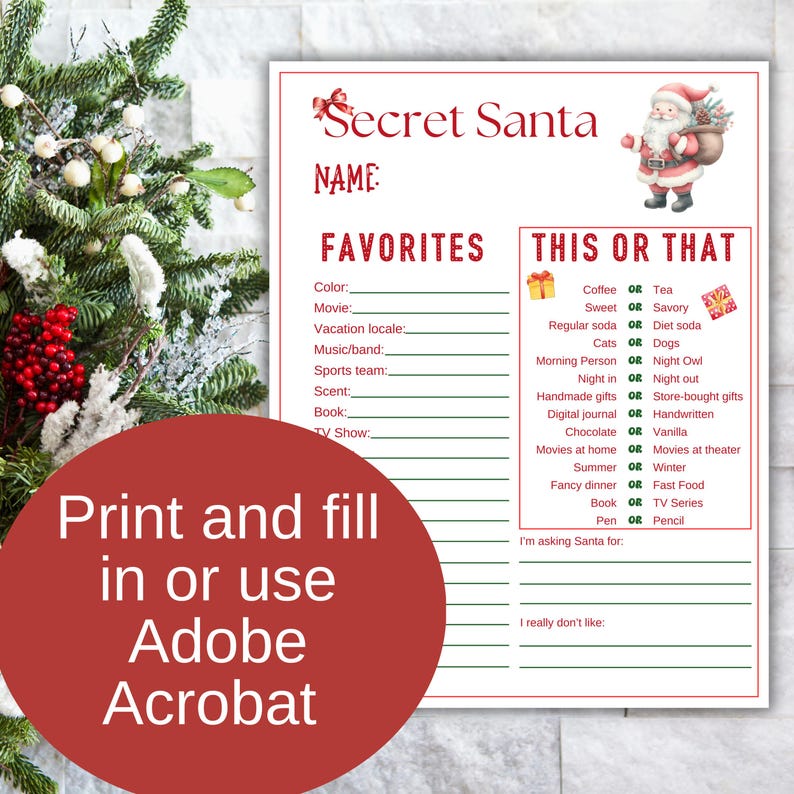Secret Santa Questionnaire – Fillable PDF for Adobe Acrobat - Fill in ...