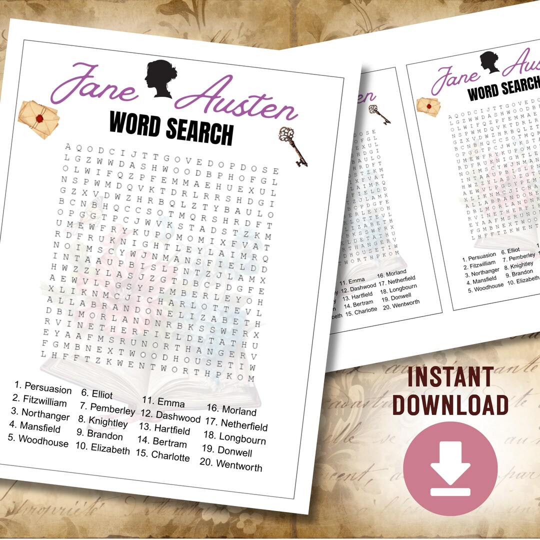 Jane Austen Word Search Printable, Regency Party Game, Pride and ...