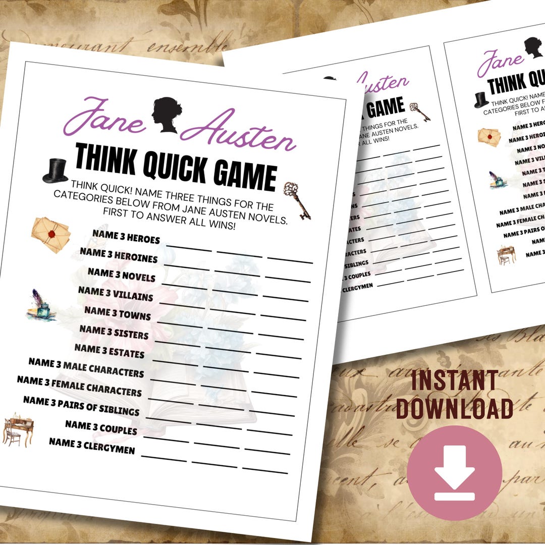 Jane Austen Think Quick Game, Regency Party Game, Literary Trivia ...