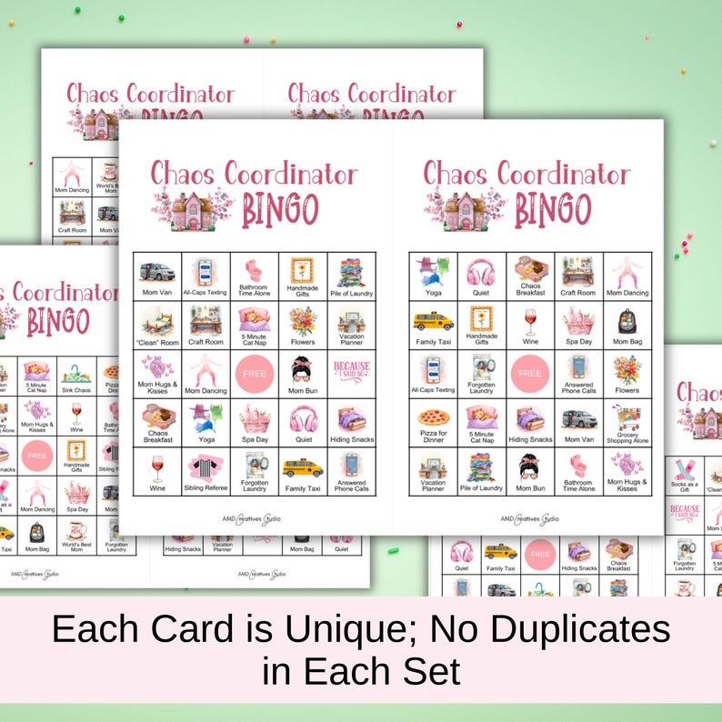 Mother's Day Bingo - Chaos Coordinator - Family Games - Game Night - 50 Cards - 5"x7" and 8.5 ...