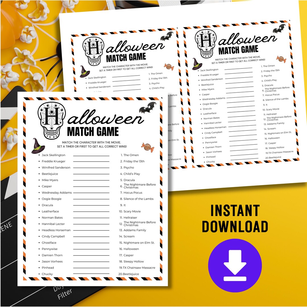 Halloween Match the Movie Character to the Movie Game - Printable ...