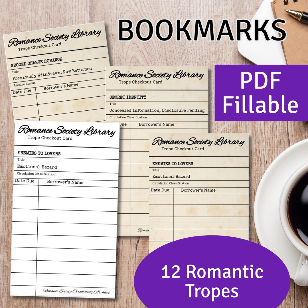 Library Card Bookmark Printable Fillable PDF, Romance Trope Bookmark ...