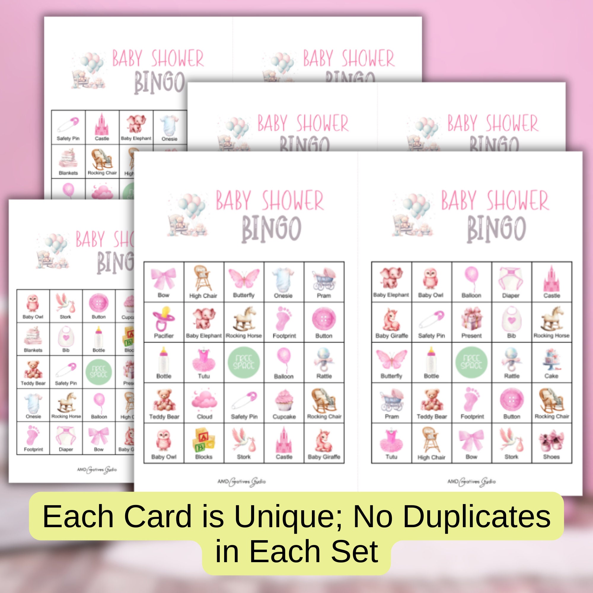 Baby Shower Bingo - Girl Themed - Single Page and Double Page - 50 ...