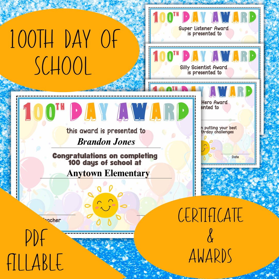 100th Day of School Fillable Certificates & Awards PDF Bundle ...
